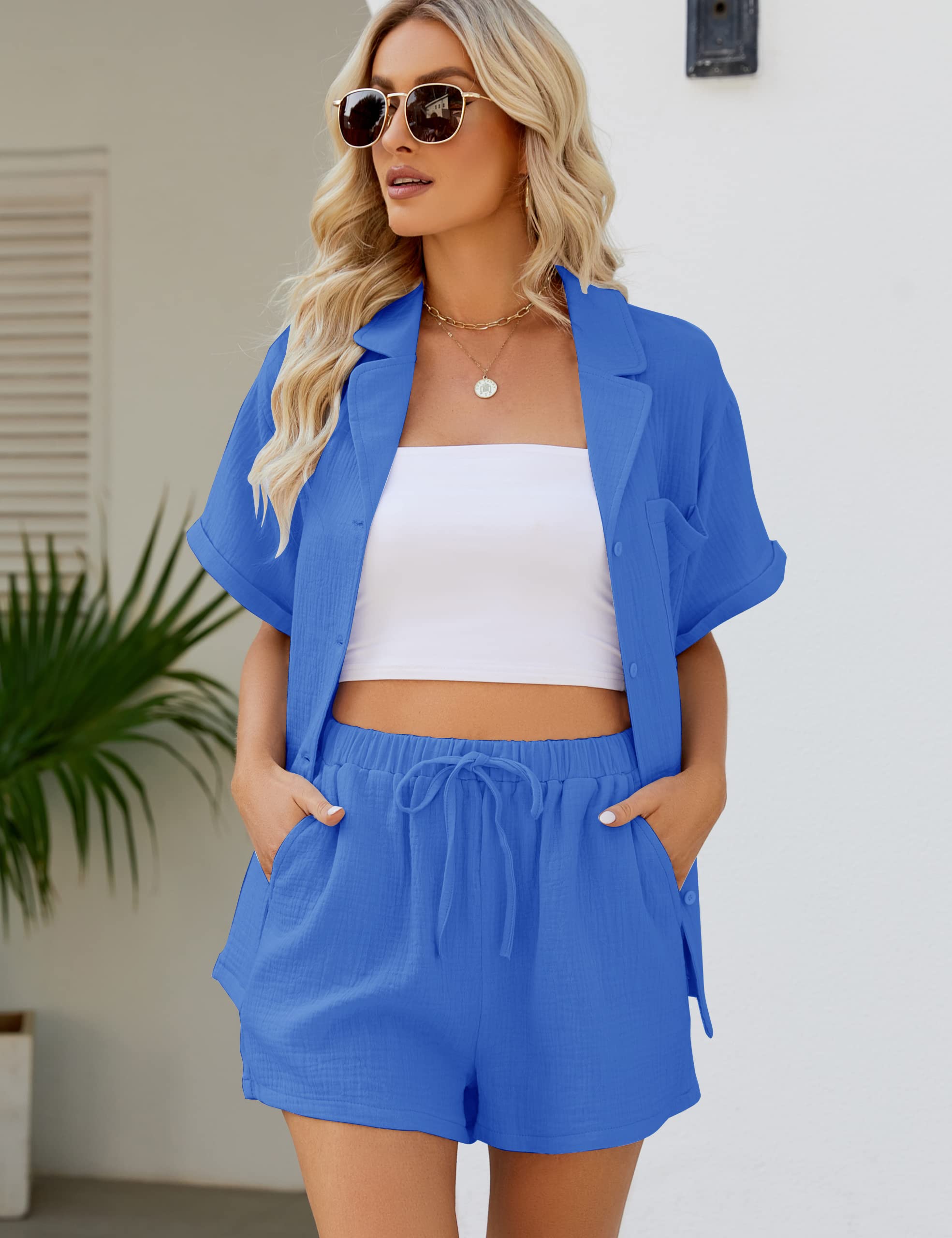Flygo Women's Two Piece Shirts Sets Short Sleeve Summer Casual Linen Shirt Elastic Waist Short Sets Outfits(RoyalBlue-XL)