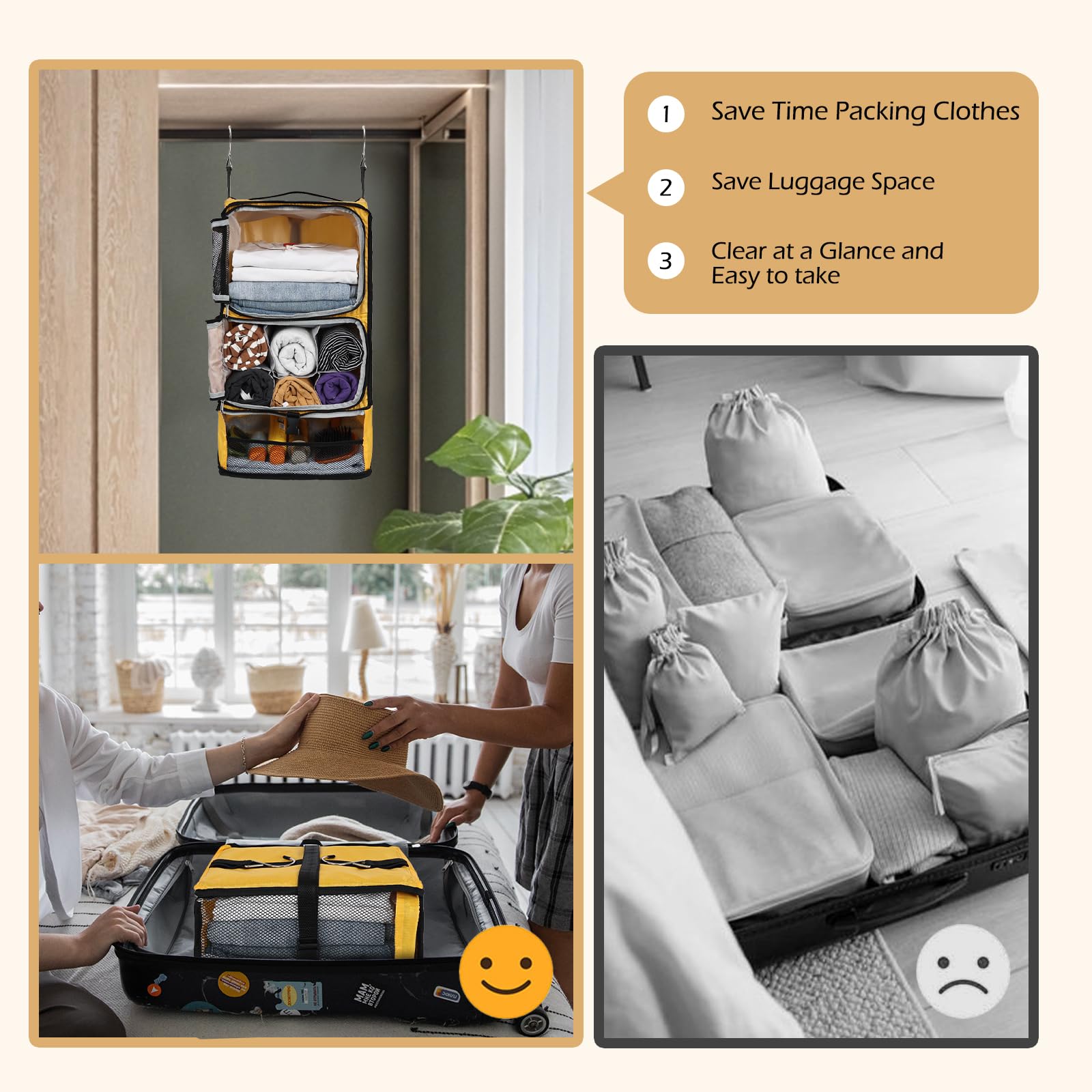 Surblue Hanging Shelves Travel Compression Packing Cube for Carry-on Luggage Suitcase Collapsible Transformable Garment Closet Organizers Large Capacity, Yellow, XL