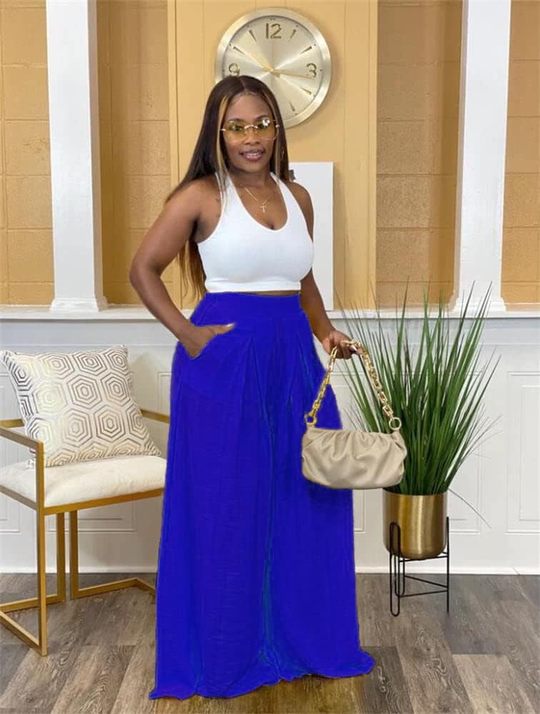 Euulin Flowy Pants for Women Casual High Waisted Wide Leg Palazzo Pants Trousers with Pocket Plus Size Blue XL