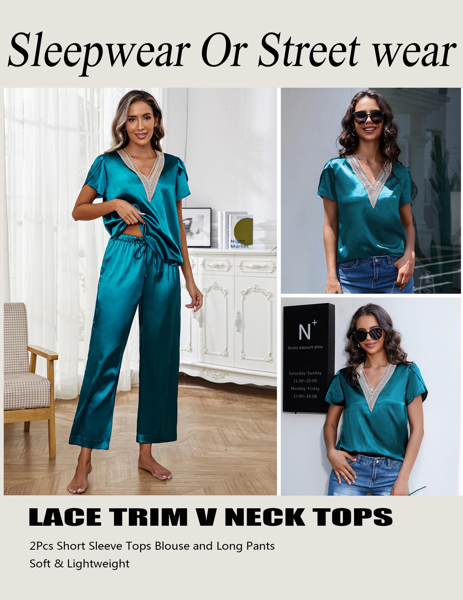 HBZDQB Silky Pajamas for Women Silk 2 Pcs Pants Set V Neck Classic Satin Sleep Sets Short Sleeve Pjs with Long Pant Loungewear Green S
