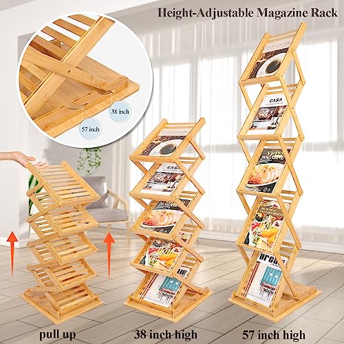 DuvinDD Foldable Bamboo Magazine Rack Floor, Portable Pop-up Display Stand, Magazine Rack 5 Pockets, A4 Size, for Trade Shows, Office, Retail Store, Craft Shows, 57 inch Tall