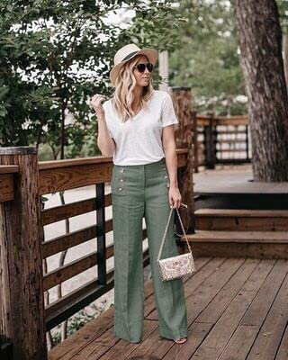 DDFS Linen Pants for Women, Summer Drawstring High Waist Linen Pants Women Wummer Cotton Linen Palazzo Pants(XL) Green