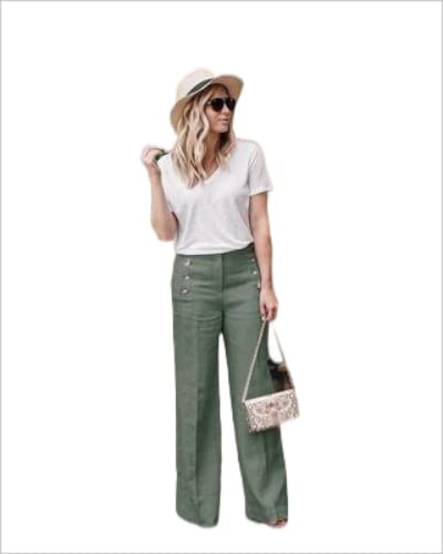 DDFS Linen Pants for Women, Summer Drawstring High Waist Linen Pants Women Wummer Cotton Linen Palazzo Pants(XL) Green