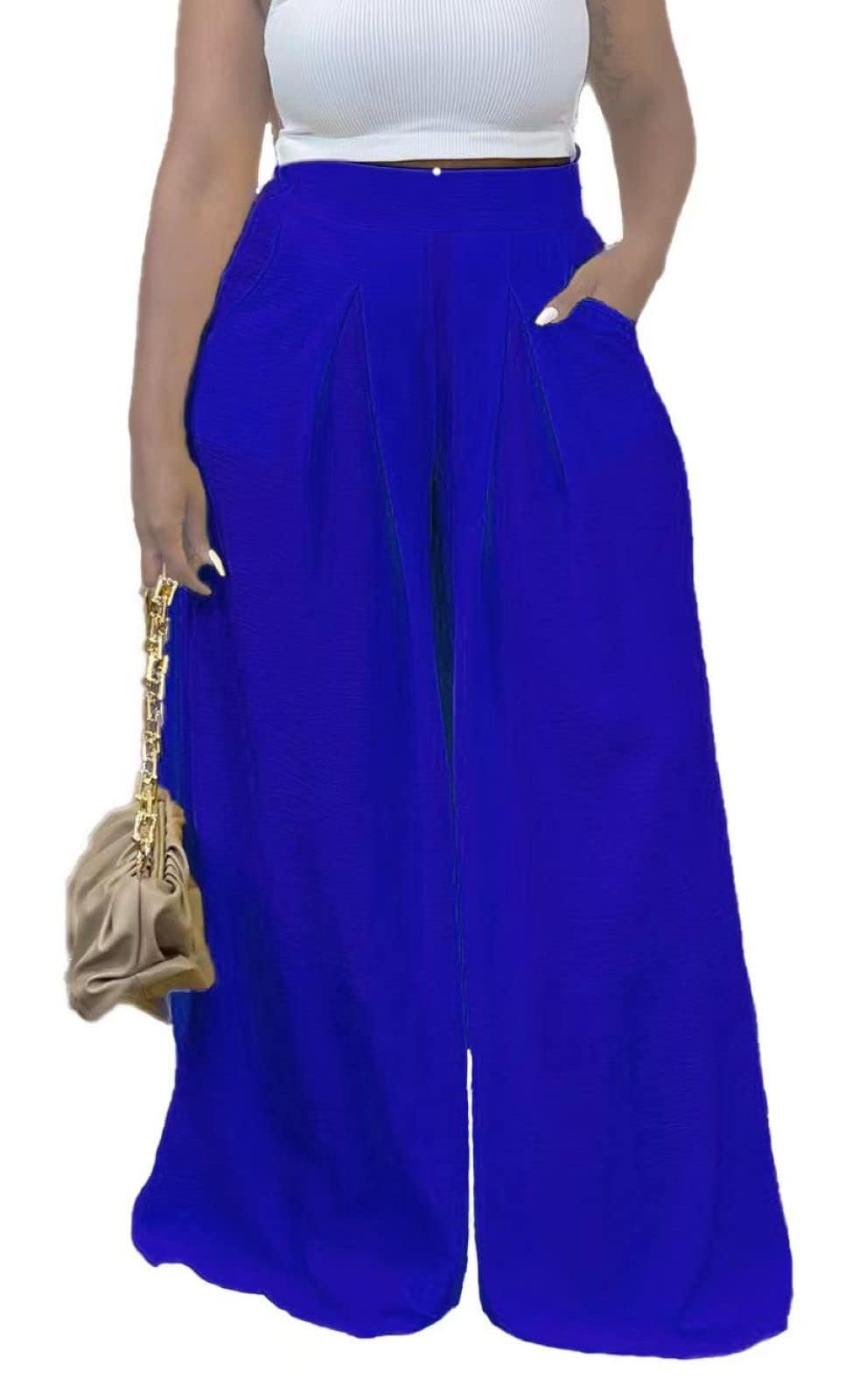 Euulin Flowy Pants for Women Casual High Waisted Wide Leg Palazzo Pants Trousers with Pocket Plus Size Blue XL