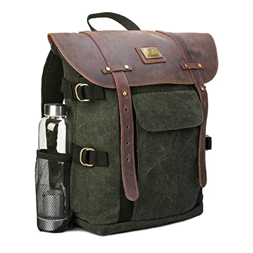Canvas Backpack for Men Genuine Leather Cover Vintage Travel Rucksack School Book Bag, Fit 15.6" Laptop (Green)