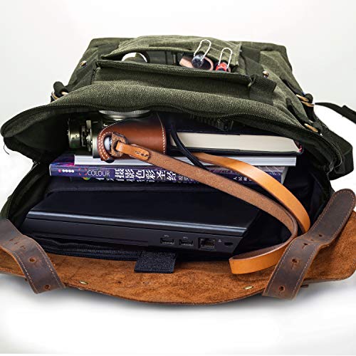 Canvas Backpack for Men Genuine Leather Cover Vintage Travel Rucksack School Book Bag, Fit 15.6" Laptop (Green)