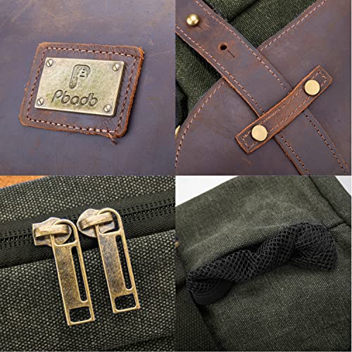 Canvas Backpack for Men Genuine Leather Cover Vintage Travel Rucksack School Book Bag, Fit 15.6" Laptop (Green)