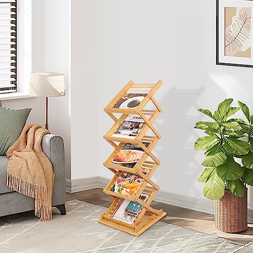 DuvinDD Foldable Bamboo Magazine Rack Floor, Portable Pop-up Display Stand, Magazine Rack 5 Pockets, A4 Size, for Trade Shows, Office, Retail Store, Craft Shows, 57 inch Tall