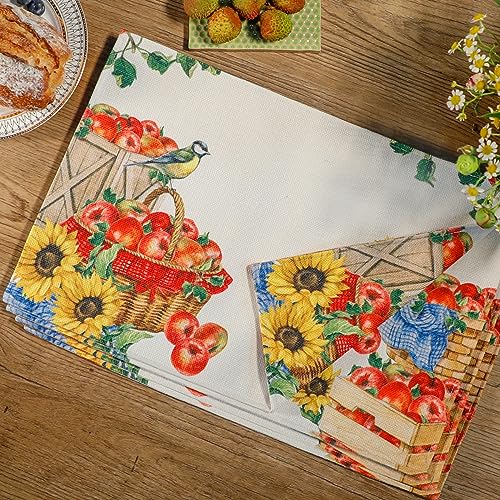 Dolcal Reversible Placemats Set of 4 Washable, Kitchen Table Mats Cloth Heat Resistant Place Mats Cotton Table Placemats Farmhouse,Fruit Red Apple