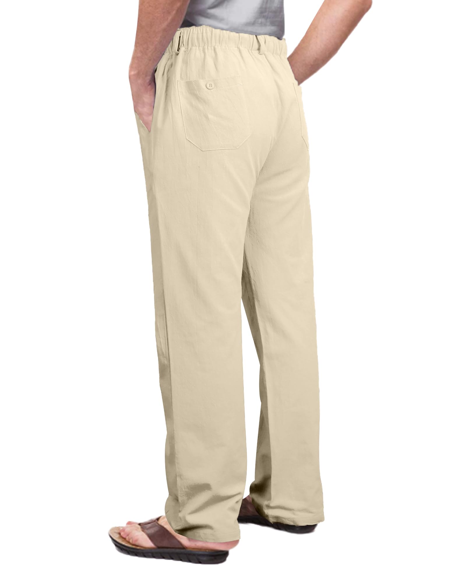 NANAMEEI Beach Pants for Men Casual Mens Linen Pants Elastic Waistband with Drawstring Zipper Pocket Beach Pants Khaki M
