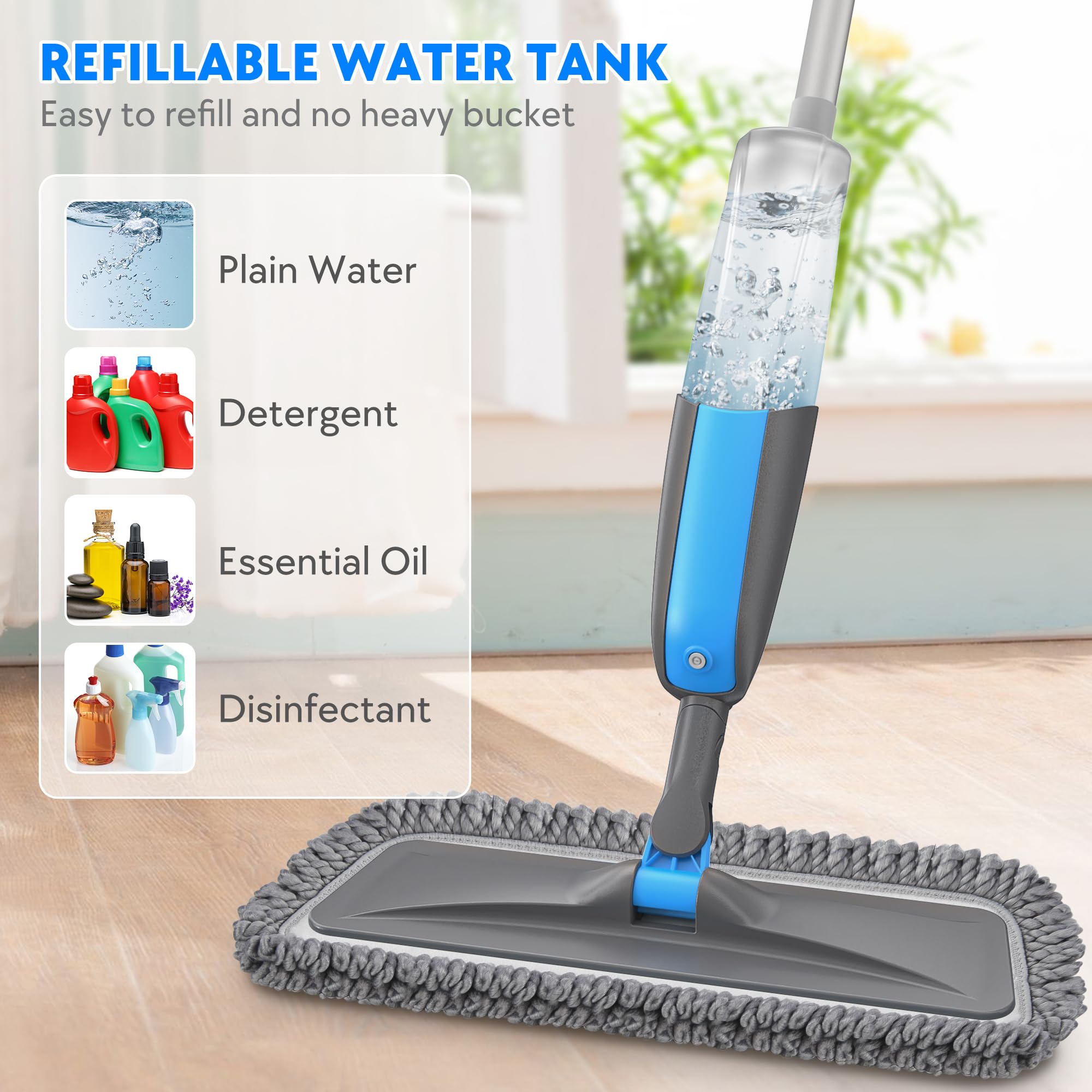 Spray Mop for Floor Cleaning, Microfiber Dust Hardwood Floor Mop, Wet Spray Mop for Wood Laminate Tile Vinyl Floor Home Kitchen Dry Flat Mop with 3 Washable Reusable Pads 1 Refillable Bottle