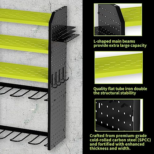 KAFAHOM Power Tool Organizer, Large 8 Drill Holder Wall Mount with 2 Side Pegboards,5 Layer Heavy Duty Metal Tool Storage Rack, Tool Shelf for Garage Organization, Utility Battery Shelves - Green