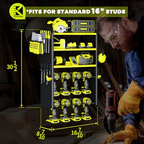 KAFAHOM Power Tool Organizer, Large 8 Drill Holder Wall Mount with 2 Side Pegboards,5 Layer Heavy Duty Metal Tool Storage Rack, Tool Shelf for Garage Organization, Utility Battery Shelves - Green
