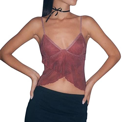 NZNDSHD Women Y2k Spaghetti Strap Crop Tank Tops Sexy Sleeveless V-Neck Cami Corset Tops Summer Backless Mesh Crop Tops (Pink Print, M)