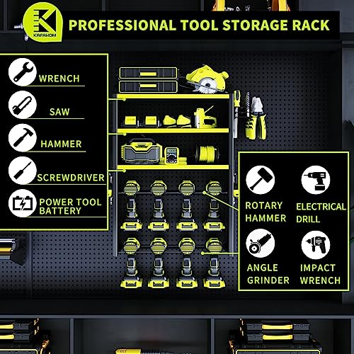 KAFAHOM Power Tool Organizer, Large 8 Drill Holder Wall Mount with 2 Side Pegboards,5 Layer Heavy Duty Metal Tool Storage Rack, Tool Shelf for Garage Organization, Utility Battery Shelves - Green