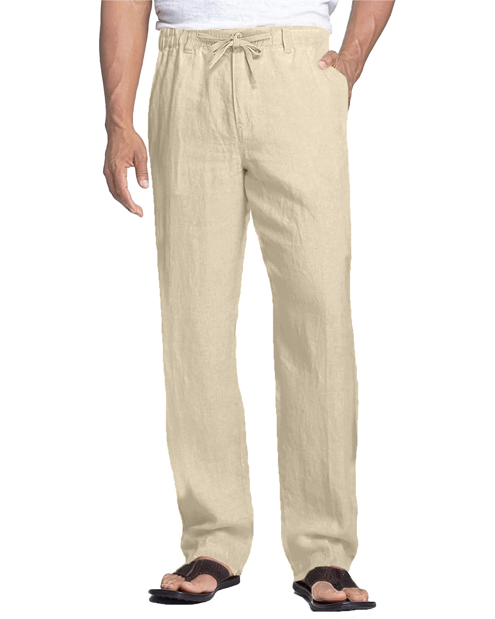 NANAMEEI Beach Pants for Men Casual Mens Linen Pants Elastic Waistband with Drawstring Zipper Pocket Beach Pants Khaki M