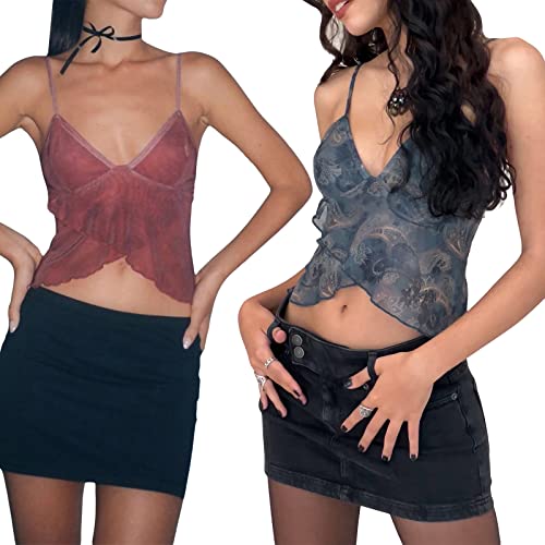 NZNDSHD Women Y2k Spaghetti Strap Crop Tank Tops Sexy Sleeveless V-Neck Cami Corset Tops Summer Backless Mesh Crop Tops (Pink Print, M)