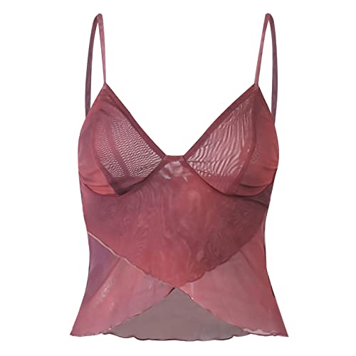 NZNDSHD Women Y2k Spaghetti Strap Crop Tank Tops Sexy Sleeveless V-Neck Cami Corset Tops Summer Backless Mesh Crop Tops (Pink Print, M)