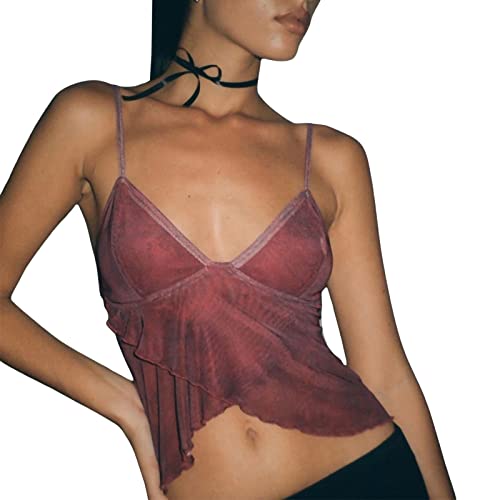 NZNDSHD Women Y2k Spaghetti Strap Crop Tank Tops Sexy Sleeveless V-Neck Cami Corset Tops Summer Backless Mesh Crop Tops (Pink Print, M)