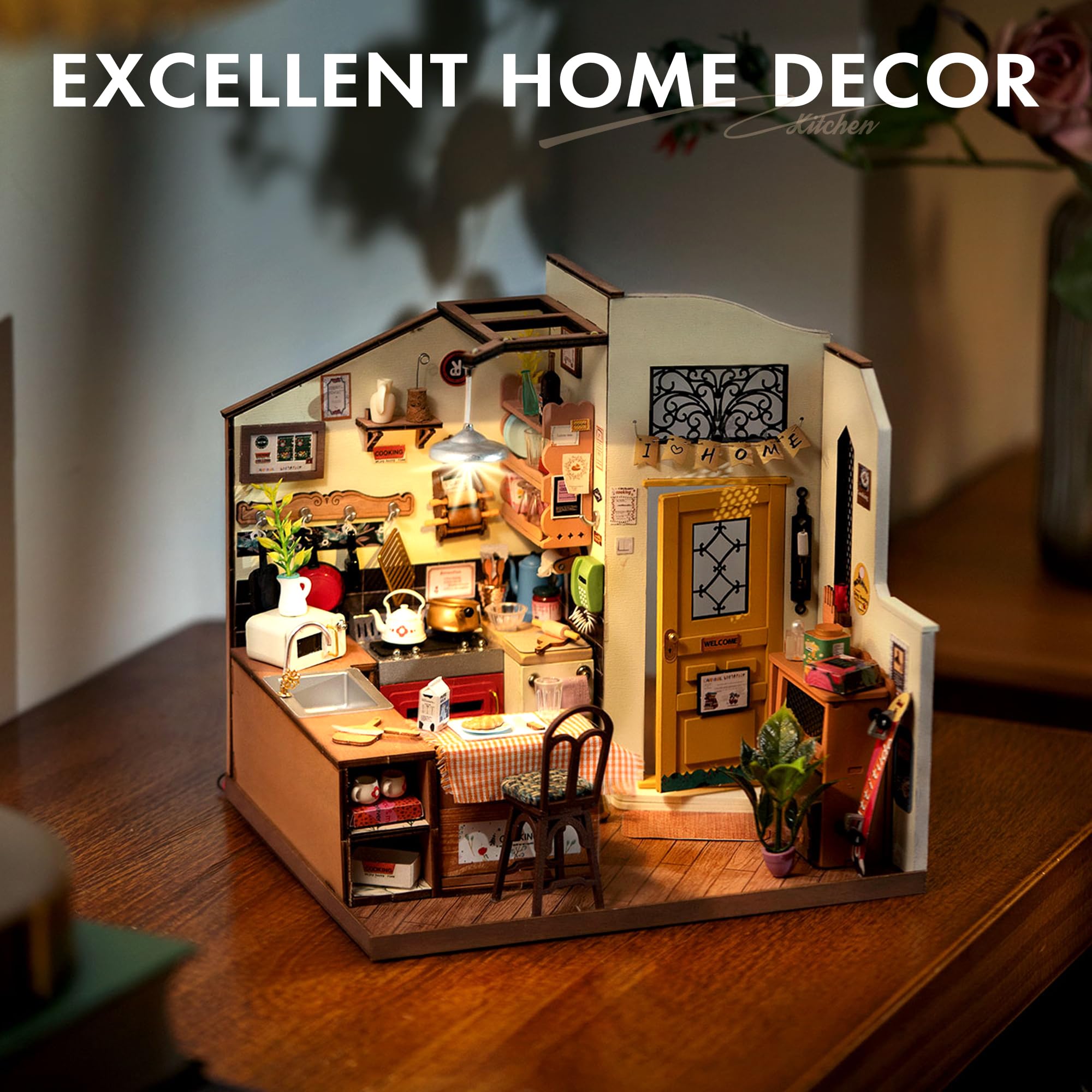 ROBOTIME Miniature House Kit DIY Mini Dollhouse with Furniture Tiny Room Kit with LED Light Hobby Wooden Craft Diorama Gift for Kids & Adults (Cozy Kitchen)