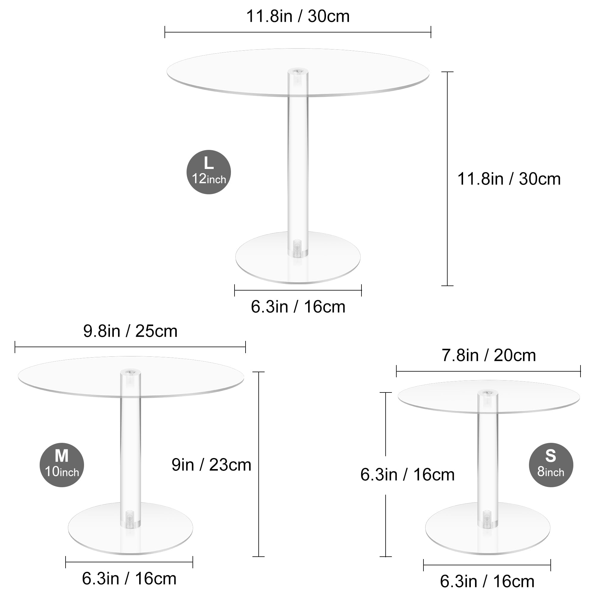 Acrylic Cake Stand, 3PCS Round Cake Stands for Dessert Table, Clear Cupcake Holder for Birthday Party, Pastry Candy Pizza Display Riser for Wedding Event