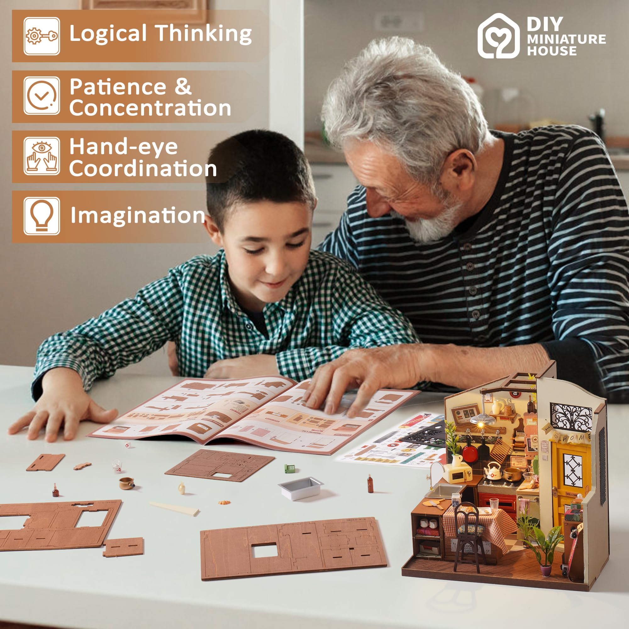 ROBOTIME Miniature House Kit DIY Mini Dollhouse with Furniture Tiny Room Kit with LED Light Hobby Wooden Craft Diorama Gift for Kids & Adults (Cozy Kitchen)