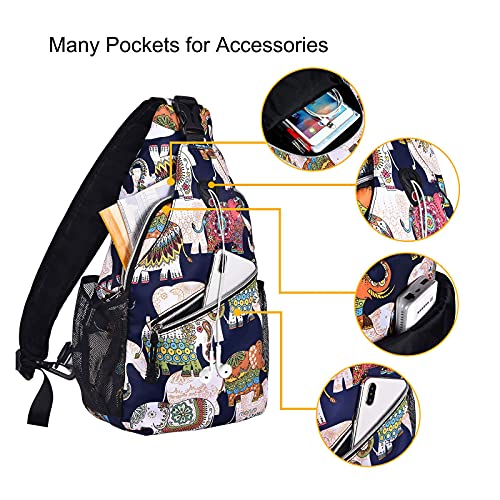 MOSISO Sling Backpack,Travel Hiking Daypack Pattern Rope Crossbody Shoulder Bag, Elephant