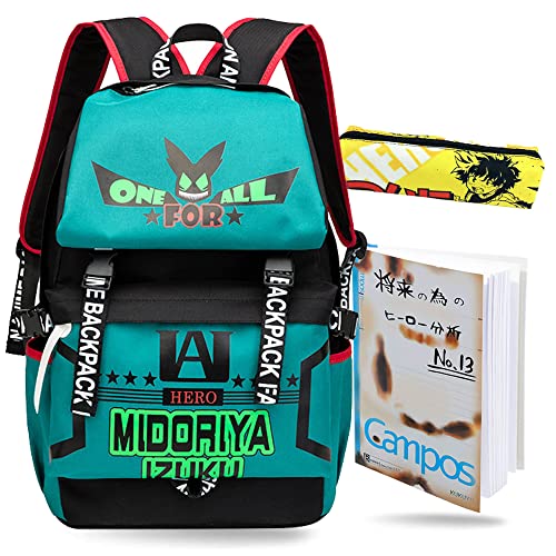 blackniuniu MHA Backpack Izuku Midoriya Backpack BNHA Backpack My Hero Backpack with Izuku Journal Notebook, Green, Large