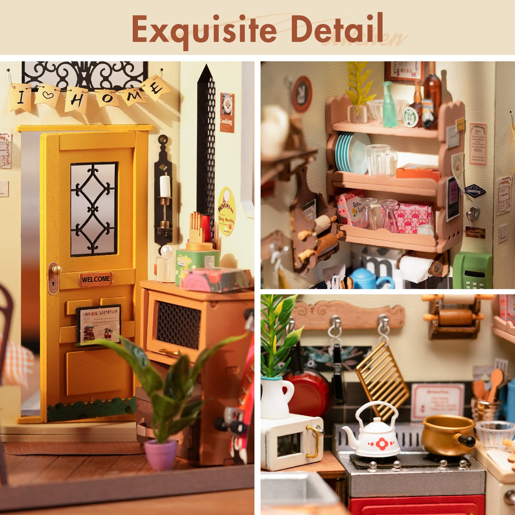 ROBOTIME Miniature House Kit DIY Mini Dollhouse with Furniture Tiny Room Kit with LED Light Hobby Wooden Craft Diorama Gift for Kids & Adults (Cozy Kitchen)