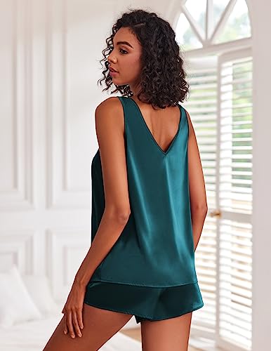 Ekouaer Silk Pjs for Women Set Sleevelesss Loungewear Two Piece Satin Pajamas Tank Top Sleeping Shorts Set Nightwear (Blue Green,L)