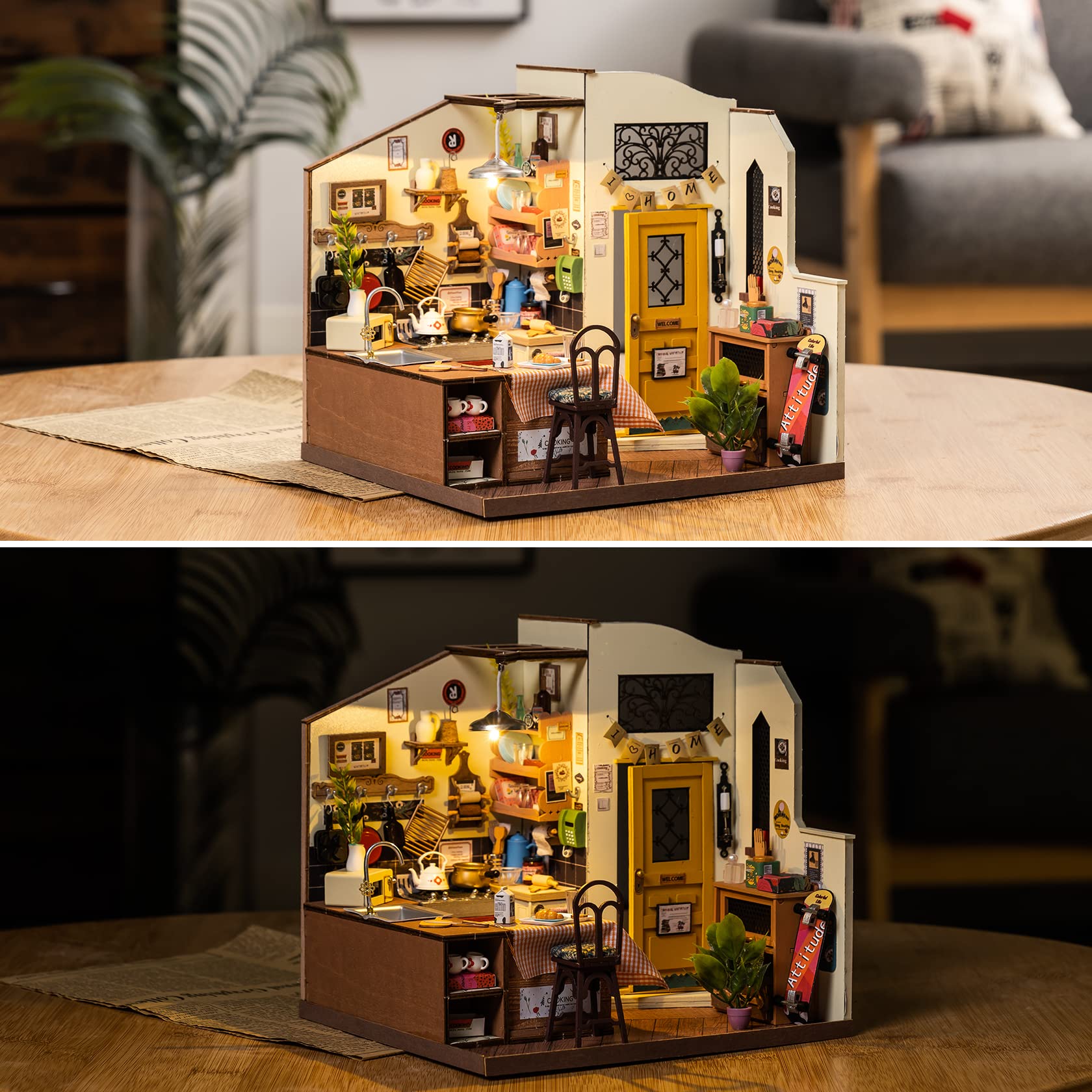 ROBOTIME Miniature House Kit DIY Mini Dollhouse with Furniture Tiny Room Kit with LED Light Hobby Wooden Craft Diorama Gift for Kids & Adults (Cozy Kitchen)