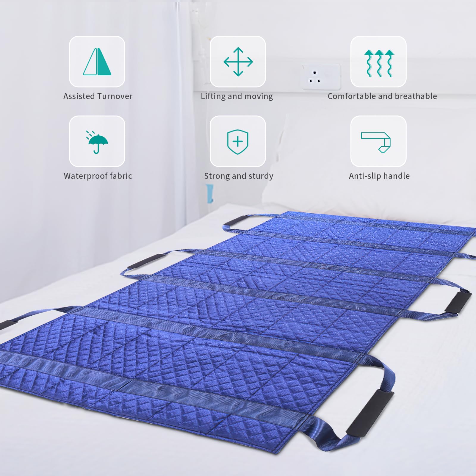 Positioning Bed Pad with Reinforced Handles,Reusable Washable Transfer Sheet for Turning, Lifting,Repositioning,45.7"X26.8" Soft Multipurpose Transfer Pad for Elderly, Incontinence,Caregiver,Blue