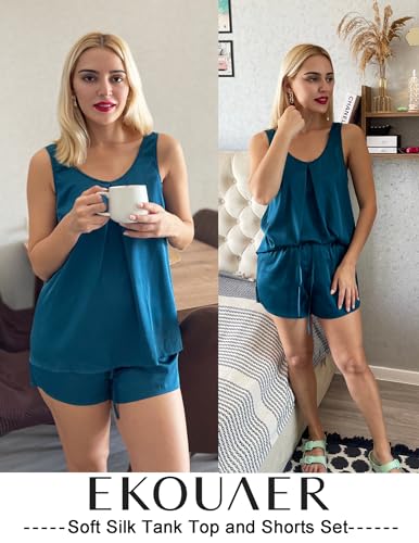 Ekouaer Silk Pjs for Women Set Sleevelesss Loungewear Two Piece Satin Pajamas Tank Top Sleeping Shorts Set Nightwear (Blue Green,L)