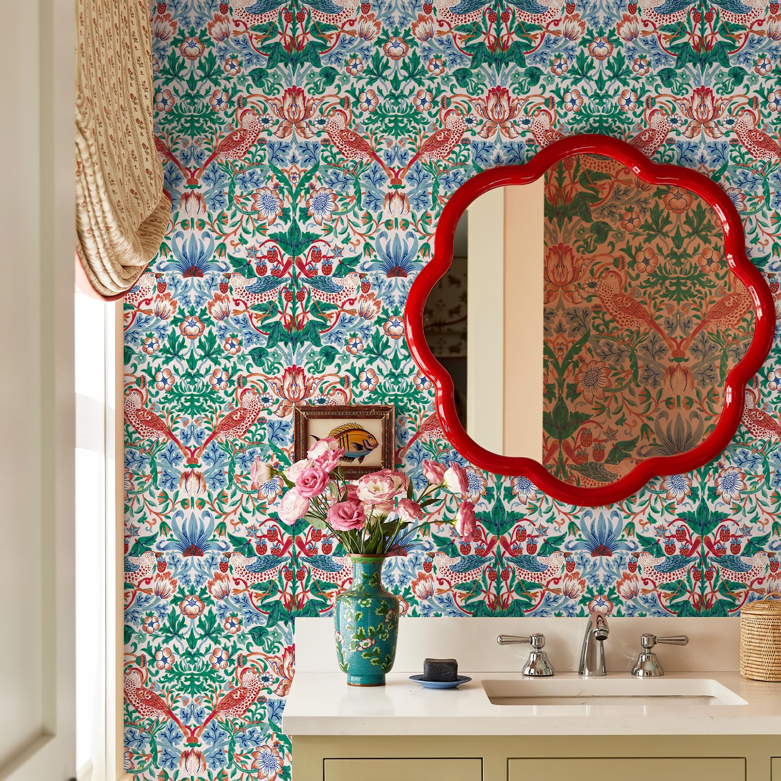JiffDiff Vintage Wallpaper Peel and Stick Watercolor Floral Botanical Morris Wallpaper Strawberry Thief Easy Peel Off Wallpaper for Bedroom Mural Wall Decor Self-Adhesive 17.7in x 9.8ft