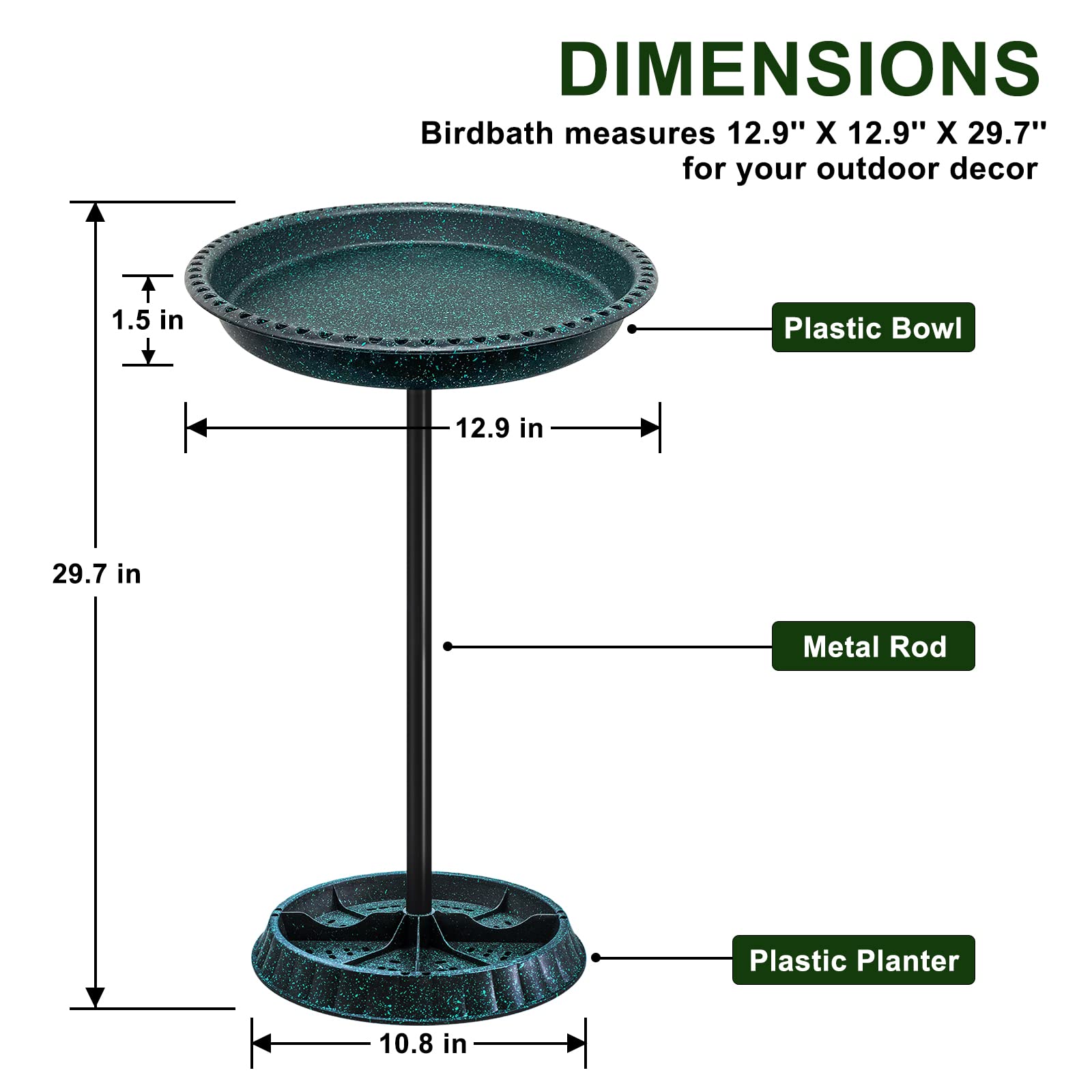 GESAIL Bird Baths for Outdoors, Lightweight Plastic Planter Pedestal Bird Bath with Metal Stake Decoration Bird Bath Planter for Lawn Patio Yard Garden, Spotted Green