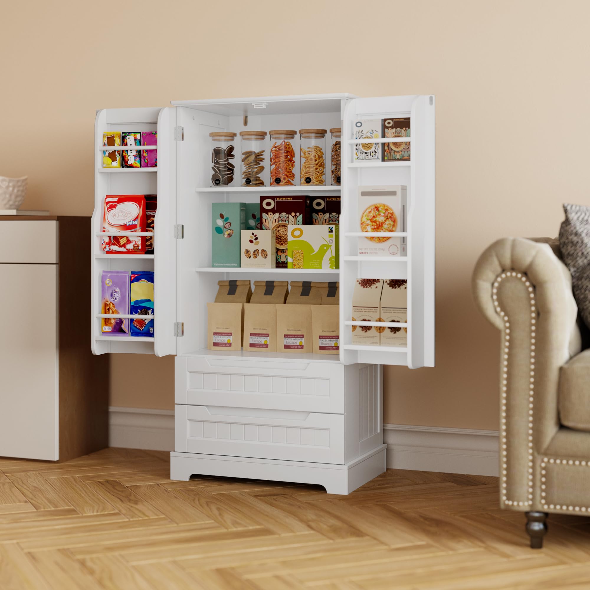 Gizoon 47" Kitchen Pantry Storage Cabinet with Drawers Freestanding Bathroom Storage Cabinets with Doors and Shelves, Small Food Pantry Cabinet for Dining Room Craft Room, White