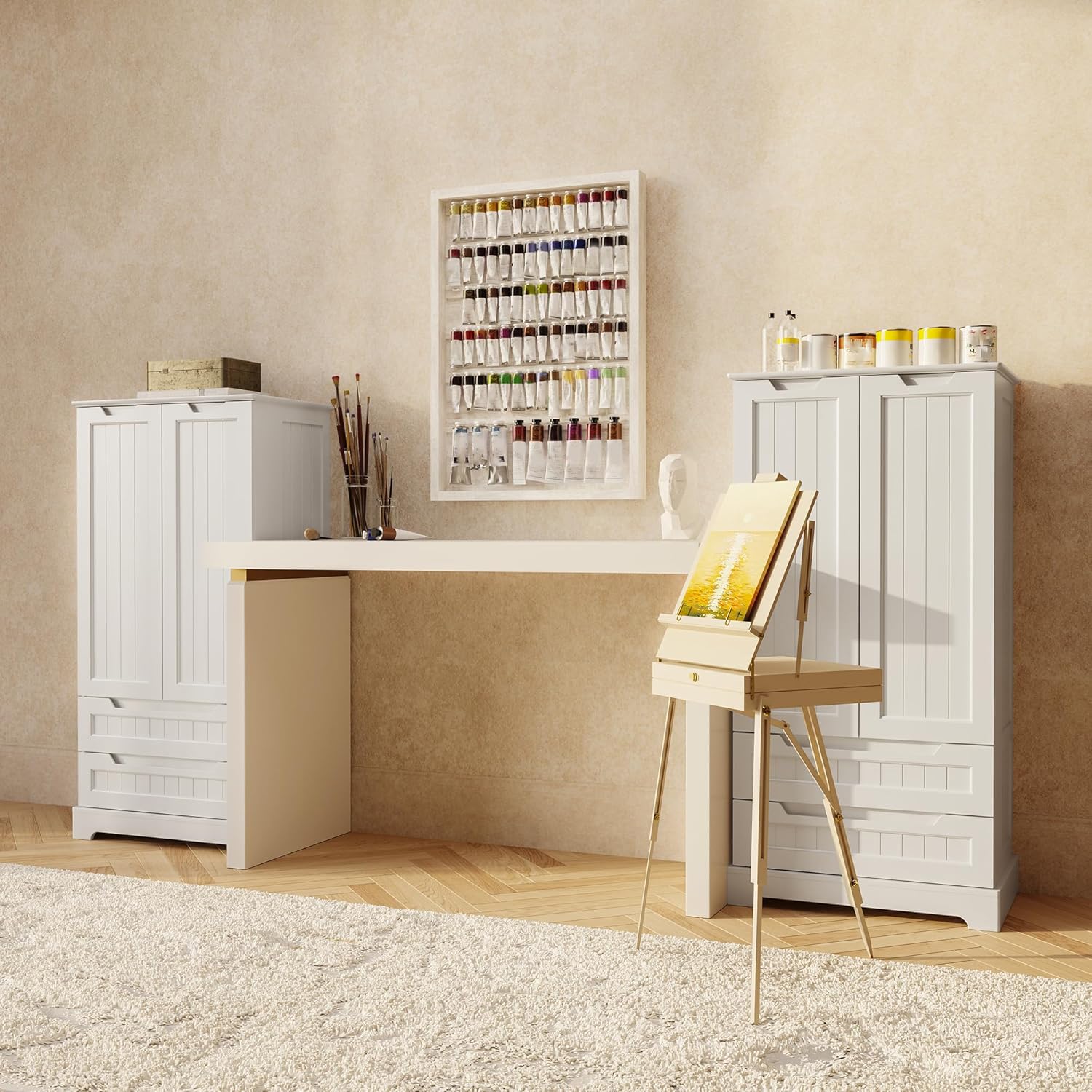 Gizoon 47" Kitchen Pantry Storage Cabinet with Drawers Freestanding Bathroom Storage Cabinets with Doors and Shelves, Small Food Pantry Cabinet for Dining Room Craft Room, White