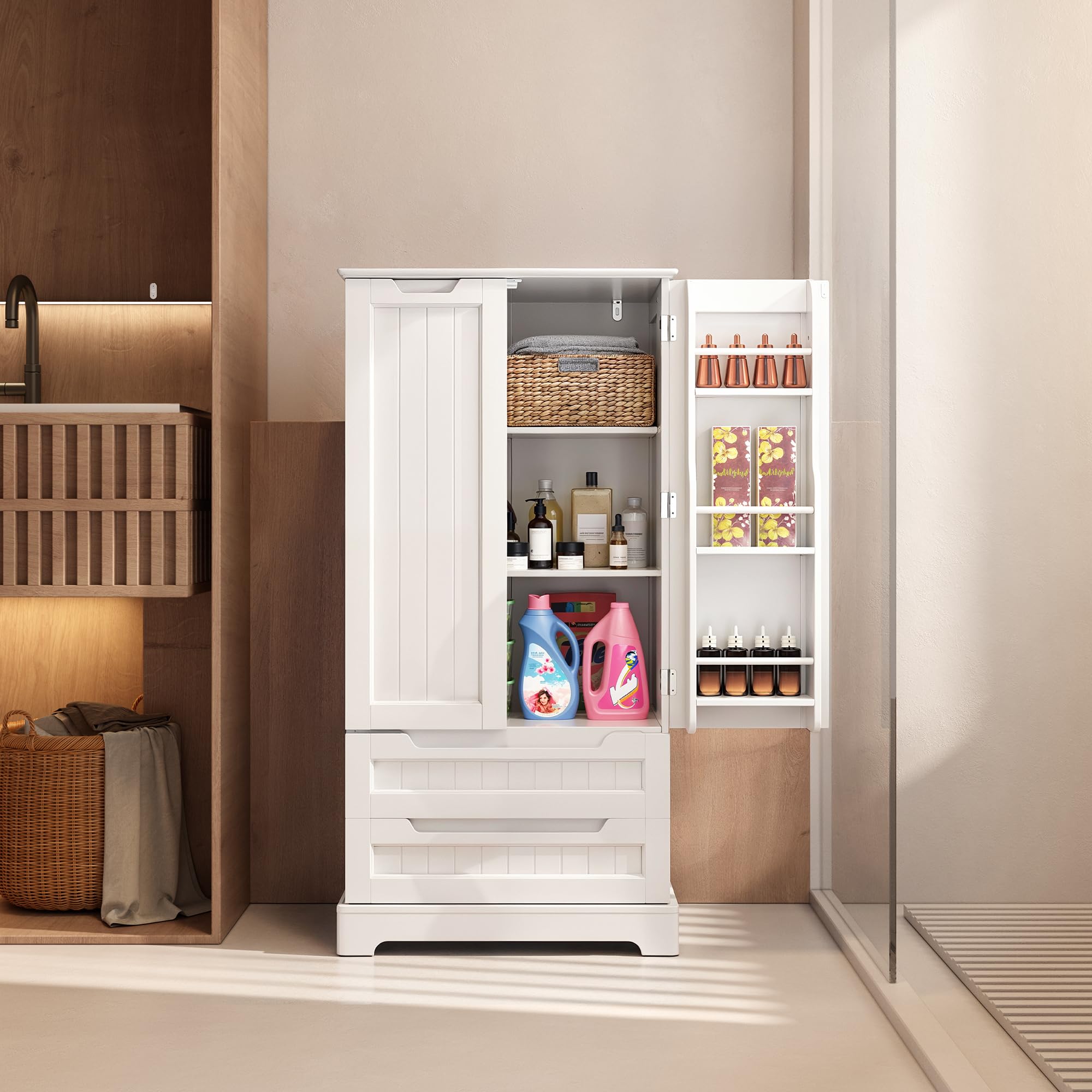 Gizoon 47" Kitchen Pantry Storage Cabinet with Drawers Freestanding Bathroom Storage Cabinets with Doors and Shelves, Small Food Pantry Cabinet for Dining Room Craft Room, White