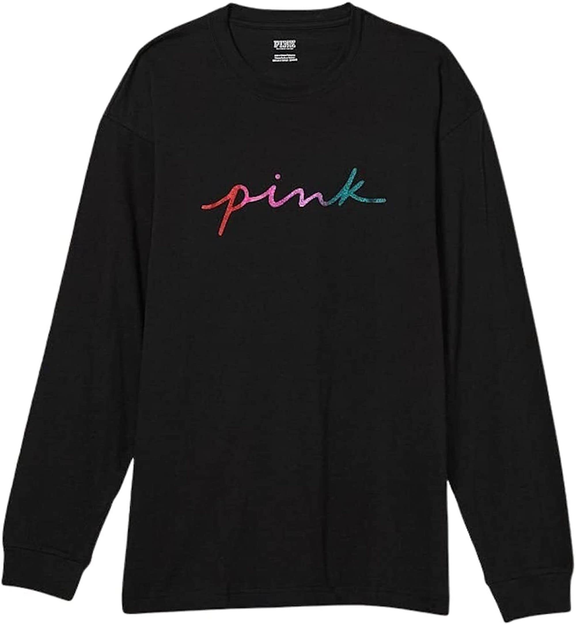 Victoria's Secret Pink Campus Long Sleeve Crew Neck Tee Glitter Shine Color Black New (as1, Alpha, m, Regular, Regular)