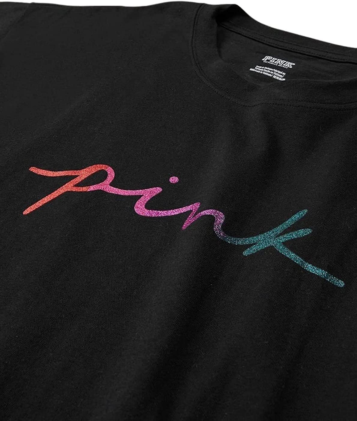 Victoria's Secret Pink Campus Long Sleeve Crew Neck Tee Glitter Shine Color Black New (as1, Alpha, m, Regular, Regular)