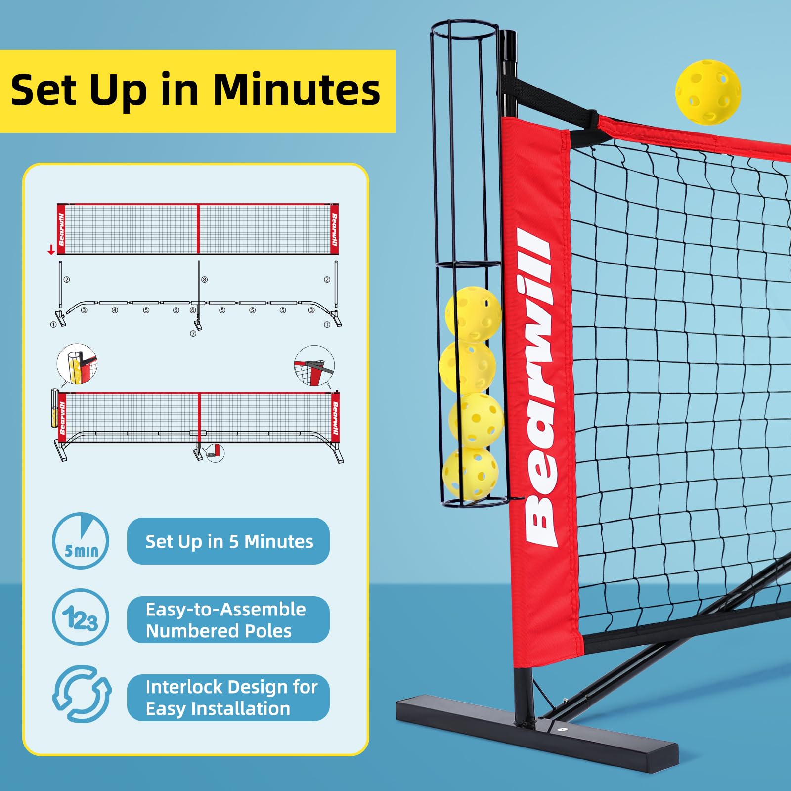 Bearwill Pickleball Net, 22 FT Pickleball Net for Driveway, Regulation Size Portable Pickle Ball Net for Outdoor Backyard, Steady Metal Frame with Court Marker, Ball Holder, 4 Pickleballs & Carry Bag