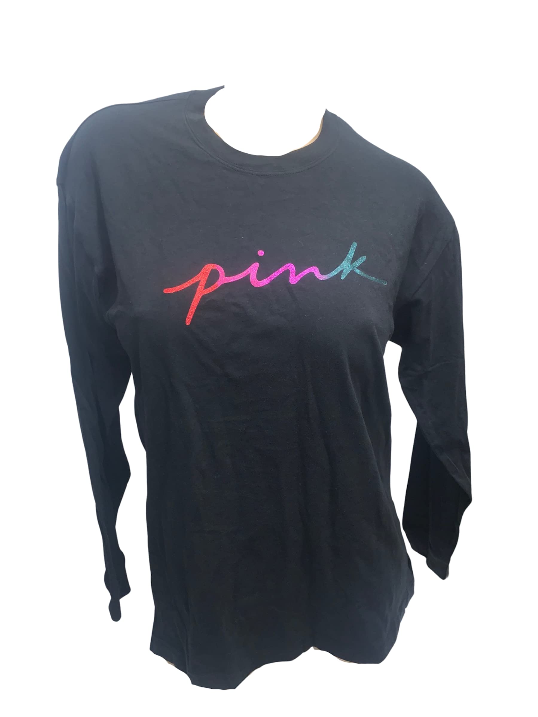 Victoria's Secret Pink Campus Long Sleeve Crew Neck Tee Glitter Shine Color Black New (as1, Alpha, m, Regular, Regular)