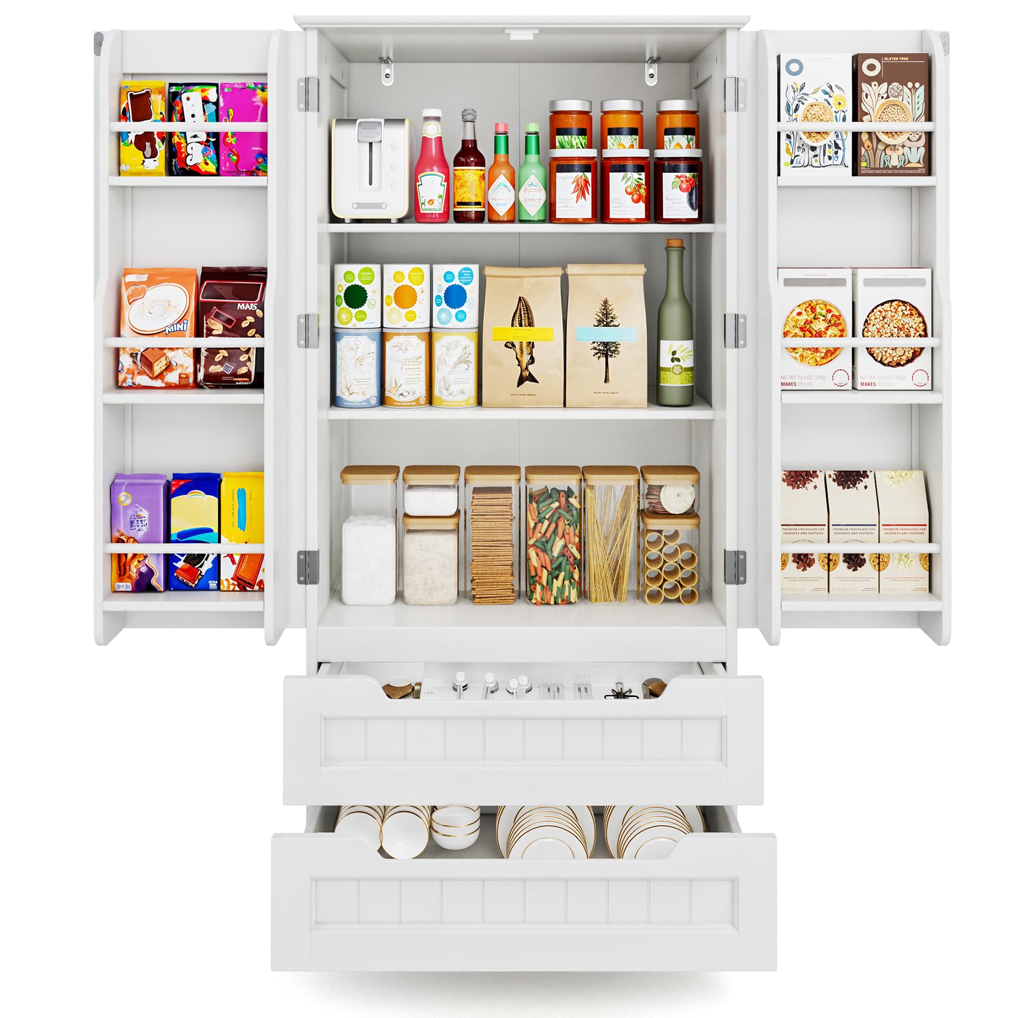 Gizoon 47" Kitchen Pantry Storage Cabinet with Drawers Freestanding Bathroom Storage Cabinets with Doors and Shelves, Small Food Pantry Cabinet for Dining Room Craft Room, White