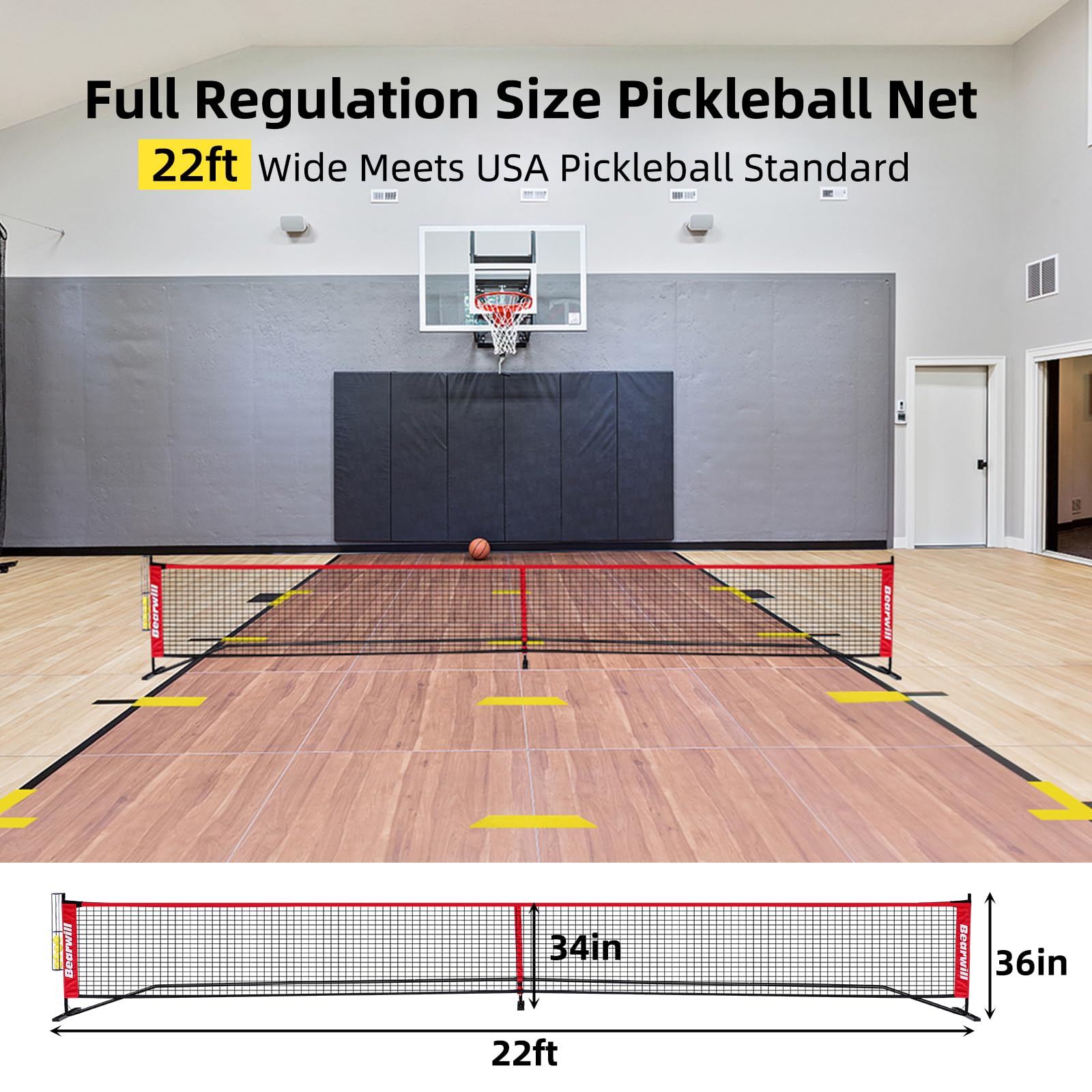Bearwill Pickleball Net, 22 FT Pickleball Net for Driveway, Regulation Size Portable Pickle Ball Net for Outdoor Backyard, Steady Metal Frame with Court Marker, Ball Holder, 4 Pickleballs & Carry Bag