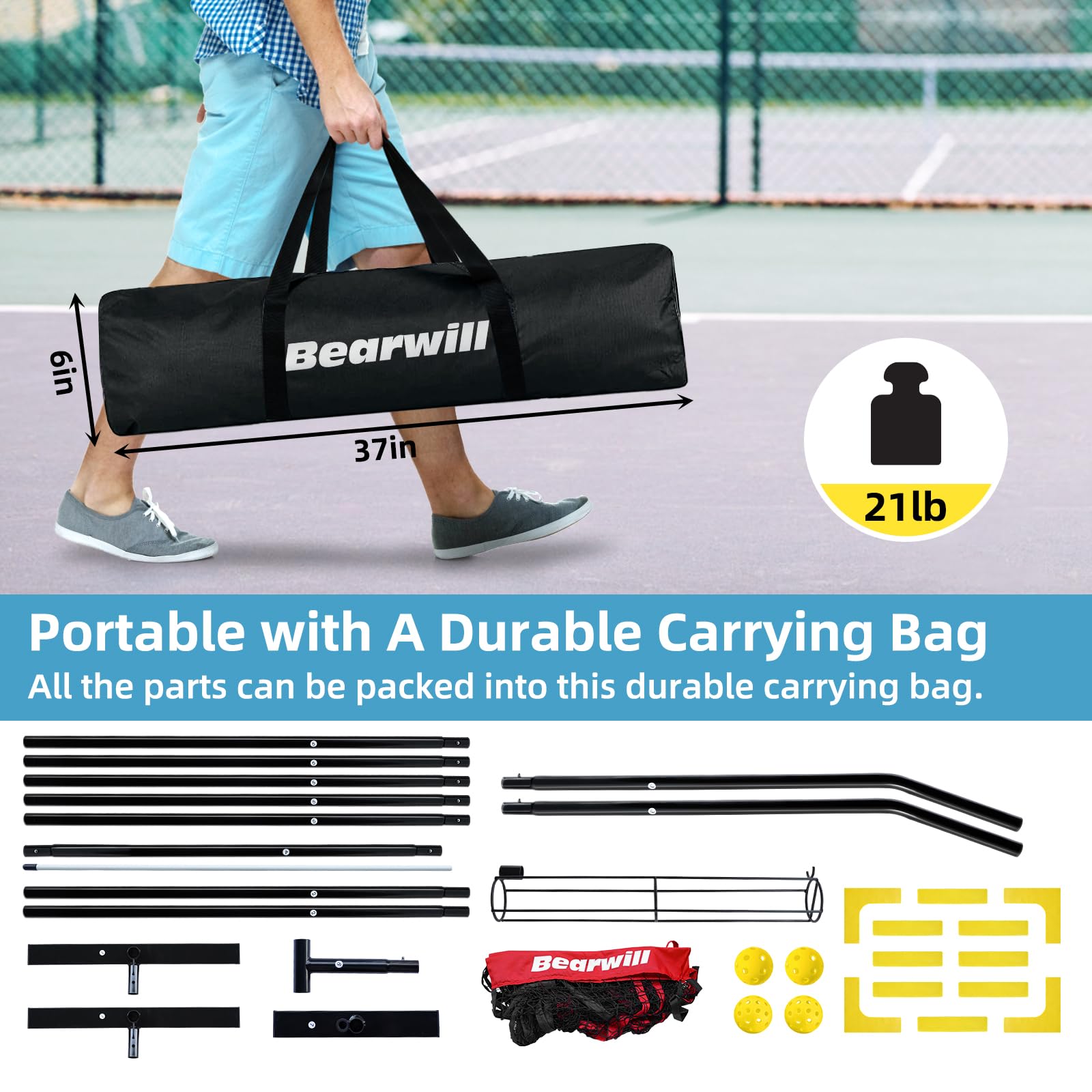 Bearwill Pickleball Net, 22 FT Pickleball Net for Driveway, Regulation Size Portable Pickle Ball Net for Outdoor Backyard, Steady Metal Frame with Court Marker, Ball Holder, 4 Pickleballs & Carry Bag