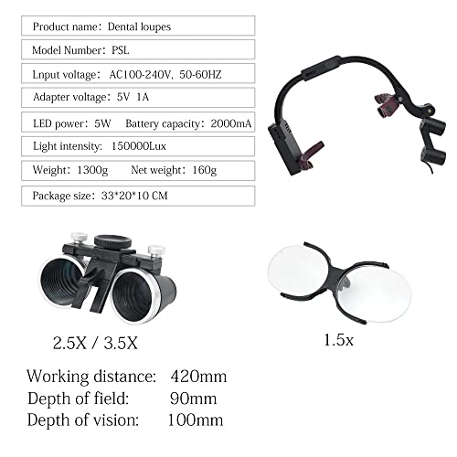 5W Binocular Loupes Glasses Headband Magnifier 2.5X 3.5X Dental Binocular Magnifier LED Head Light Lamp for Magnification Binocular Loupes Dentist Surgical Headlight Lab Equipment (2.5X)