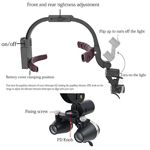 5W Binocular Loupes Glasses Headband Magnifier 2.5X 3.5X Dental Binocular Magnifier LED Head Light Lamp for Magnification Binocular Loupes Dentist Surgical Headlight Lab Equipment (2.5X)