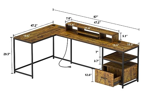 VEELOK L Shaped Desk - 87" L Shaped Gaming Desk with Power Outlet & Monitor Shelf, Home Office Corner Computer Desk with Printer Shelf & File Drawer, Rustic Brown