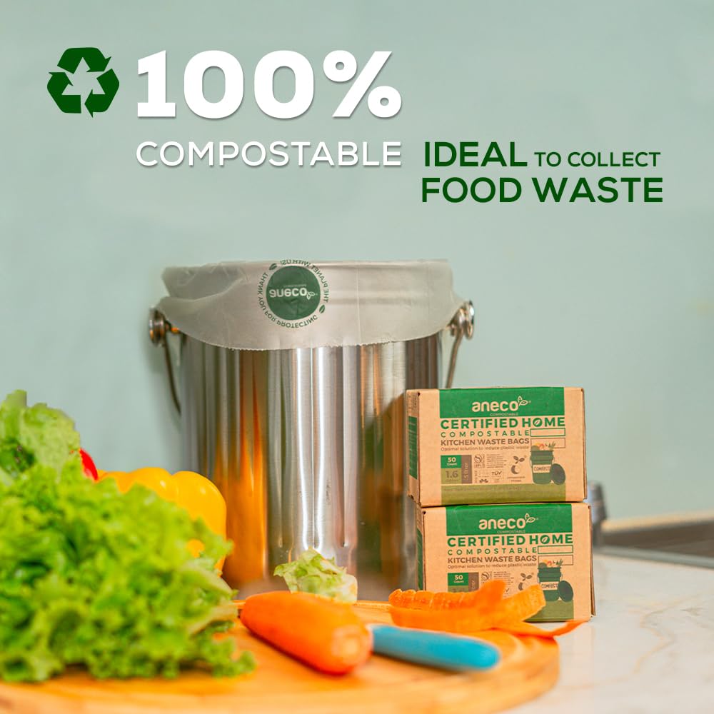 ANECO 100% Home Compostable Food Waste Bags (1.6 Gallon Trash Bags, 50 Count), Small Kitchen Compost Bags for Countertop Bin, Certified by BPI (ASTM D6400), TUV Austria & OK Compost Home