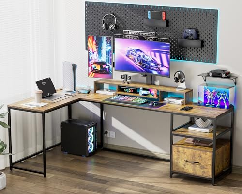 VEELOK L Shaped Desk - 87" L Shaped Gaming Desk with Power Outlet & Monitor Shelf, Home Office Corner Computer Desk with Printer Shelf & File Drawer, Rustic Brown
